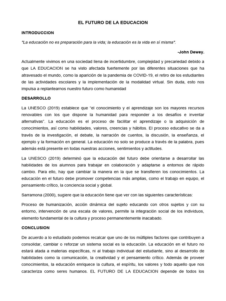 EL FUTURO DE LA EDUCACION Ensayo | PDF | Aprendizaje | Ciencia cognitiva