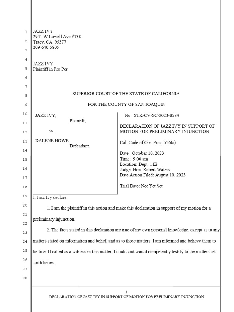 DECLARATION Preliminary Injunction by Noticed Motion Declaration | PDF