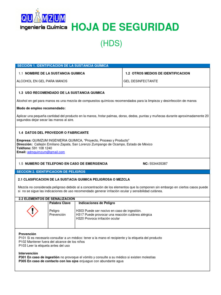 HDS ALCOHOL EN GEL PARA MANOS | PDF | Agua | Descomposición