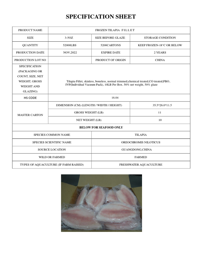 SPECIFICATION SHEET (Tilapia Fillet) | PDF