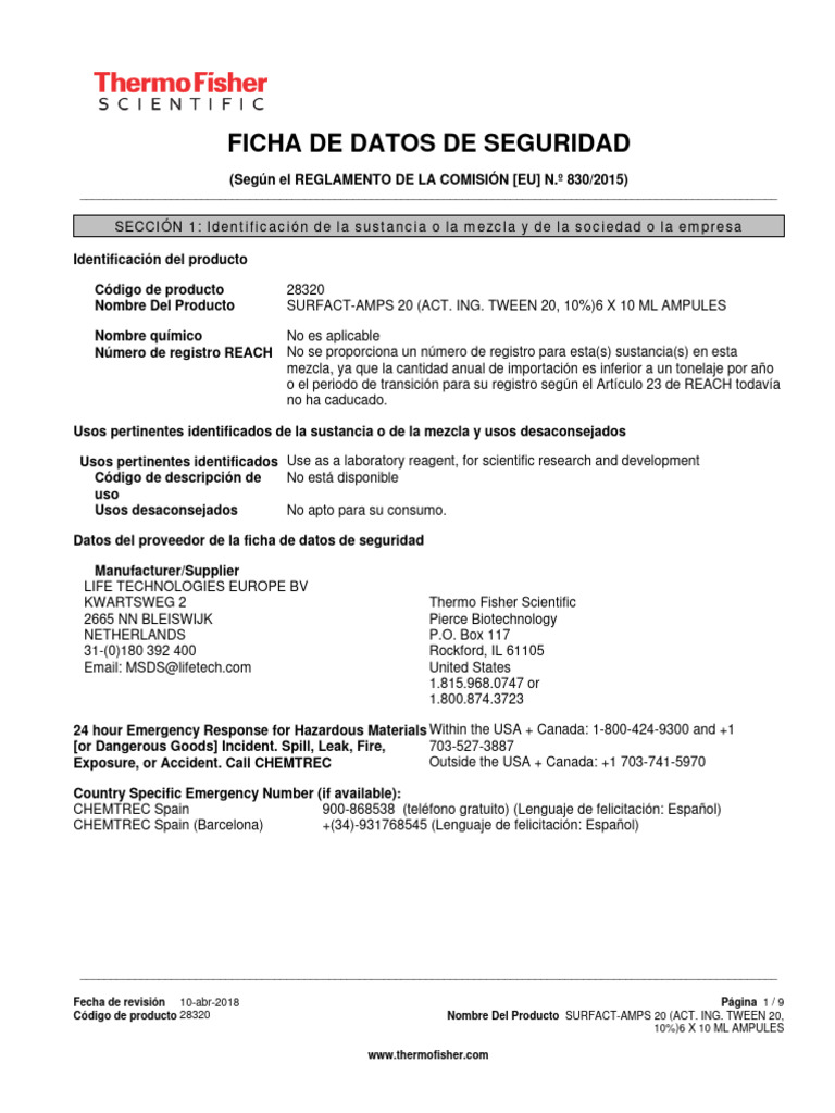 Ficha de Seguridad Tween 20 | PDF