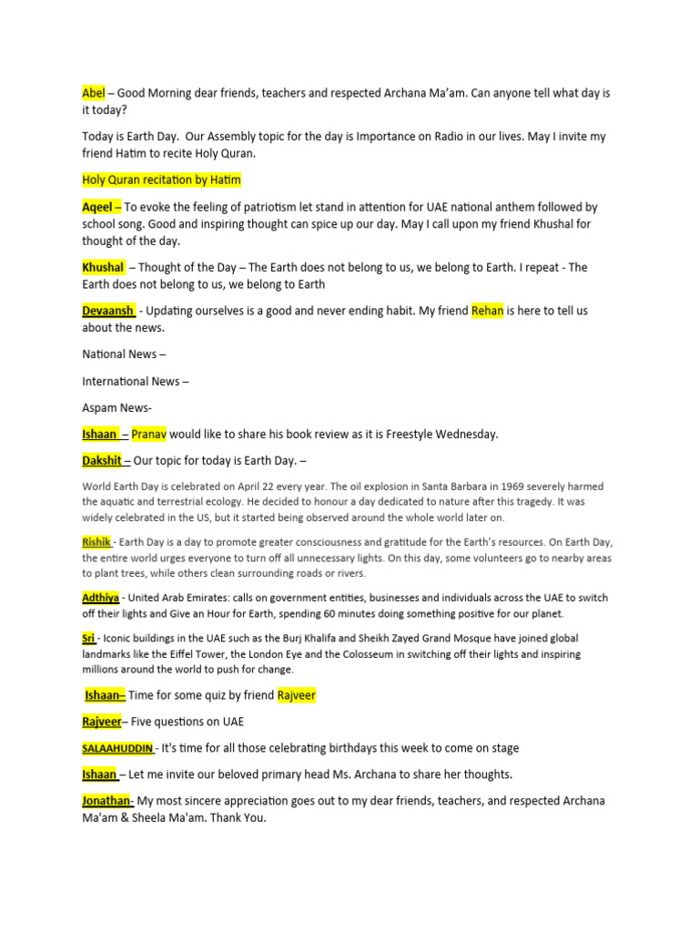 Assembly Grade 5C Earth Day | PDF