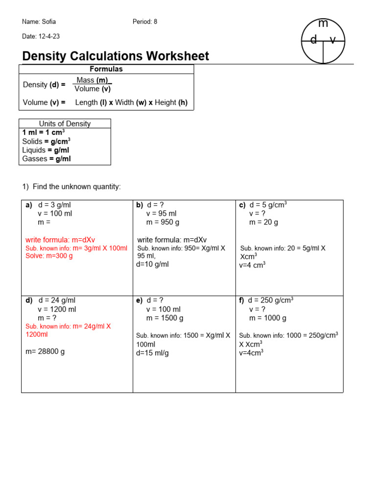 Density Calculations WS | PDF | Density | Volume