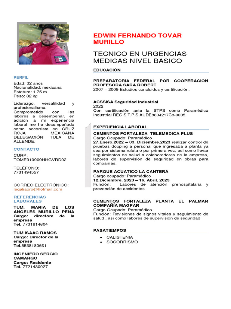 CV Tum Edwin Murillo | PDF | Paramédico | Cuidado de la salud