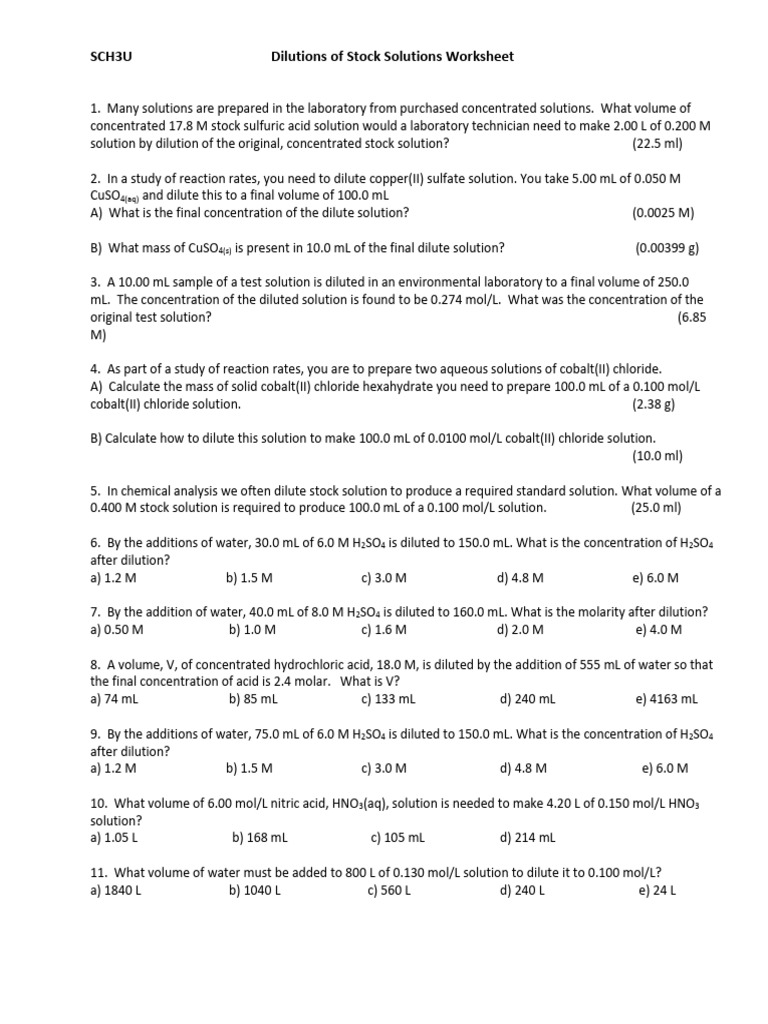 Dilution Calculations Worksheet | PDF | Science & Mathematics