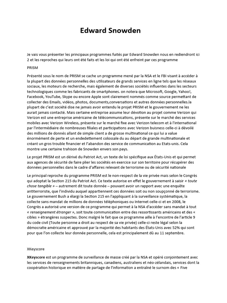 Fuites Snowden : PRISM et XKeyscore | PDF