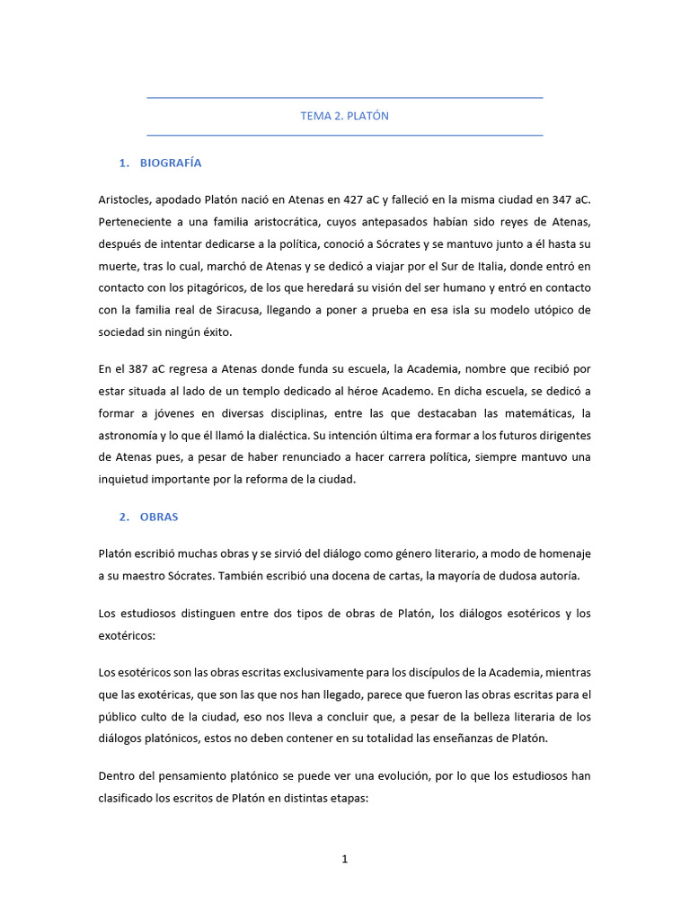 TEMA 2 PLATÓN | PDF | Platón | Conocimiento