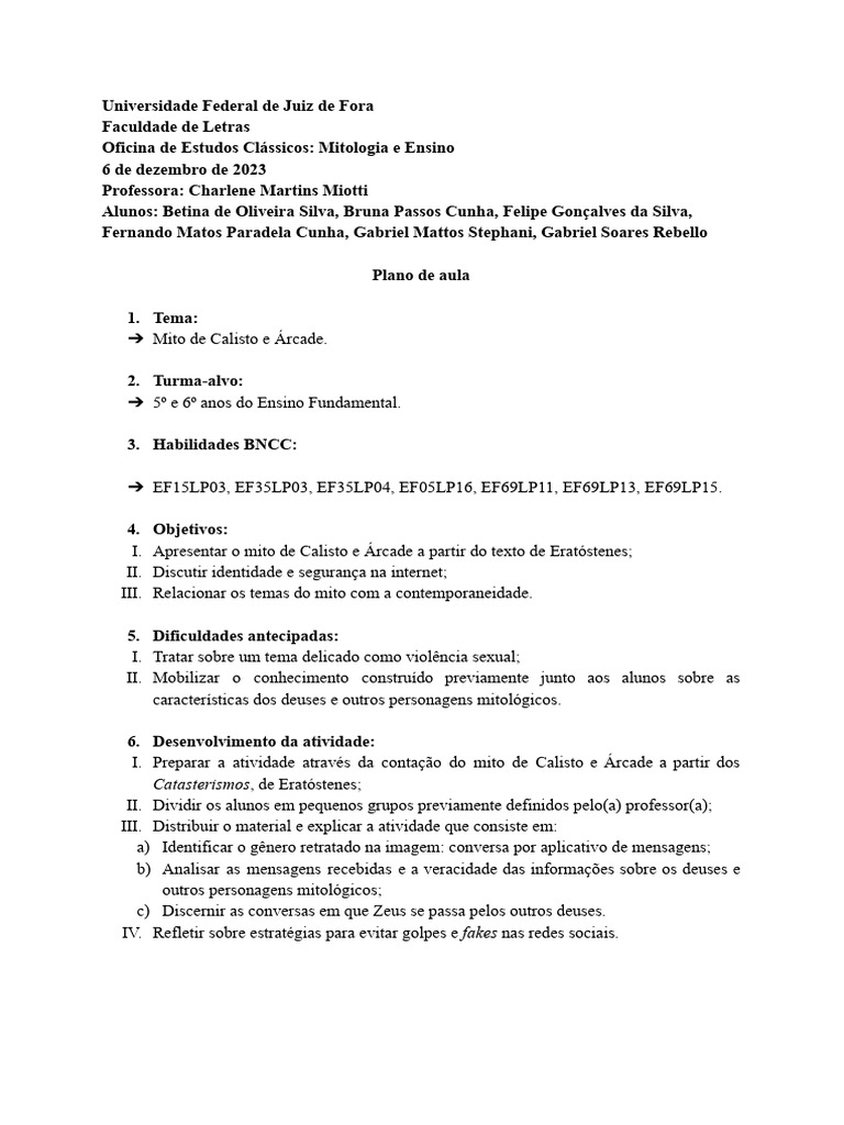Calisto e Árcade (Plano de Aula Alinhado À BNCC) PDF | PDF