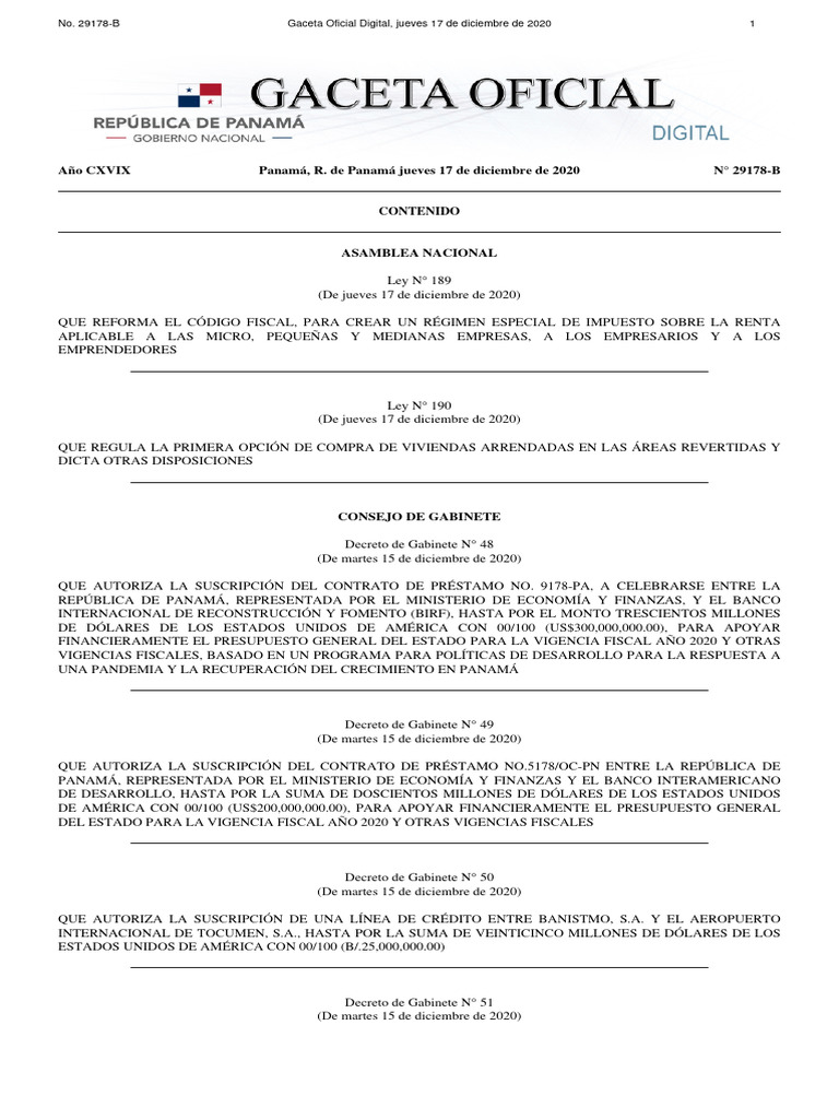 Ley 189 de 2020 | PDF | Panamá | Economias