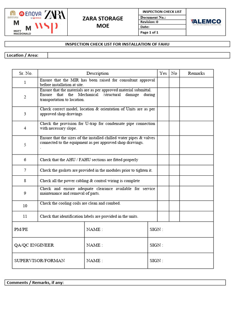 FAHU Installation Inspection Checklist | PDF