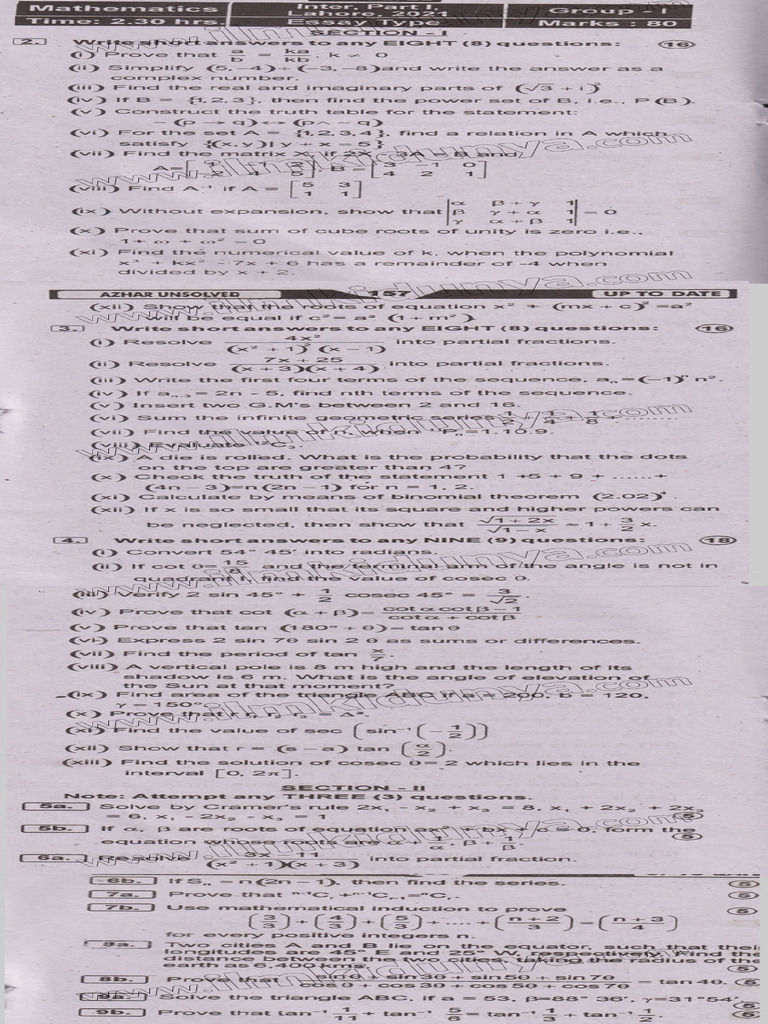 Past Papers 2021 Lahore Board Inter Part 1 Mathematics Group I ...