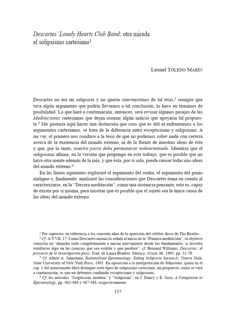 Descartes: Escepticismo vs. Solipsismo | PDF | René Descartes | Mente