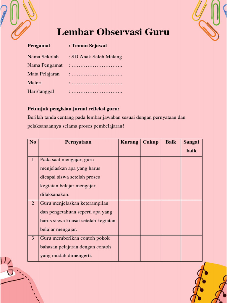Lembar Observasi Kinerja Guru SD | PDF