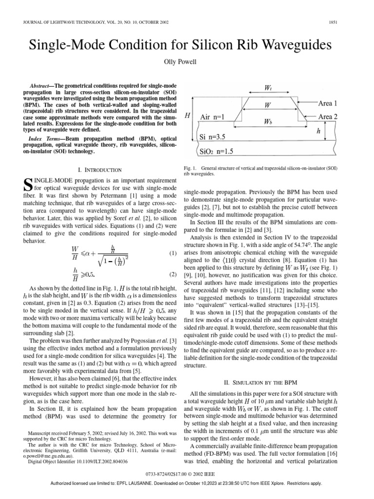 Single-Mode Condition For Silicon Rib Waveguides | PDF | Waveguide | Matrix (Mathematics)