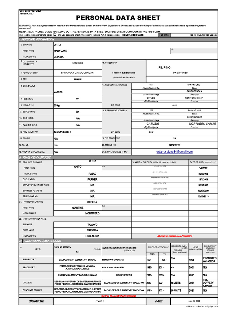 CS Form No. 212 Personal Data Sheet Revised | Download Free PDF ...