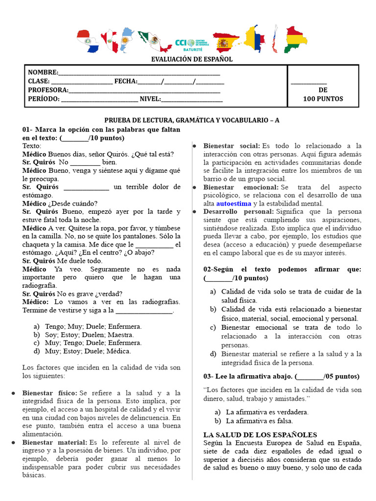 Evaluación de Español: Lectura y Gramática | PDF | Calidad de vida ...