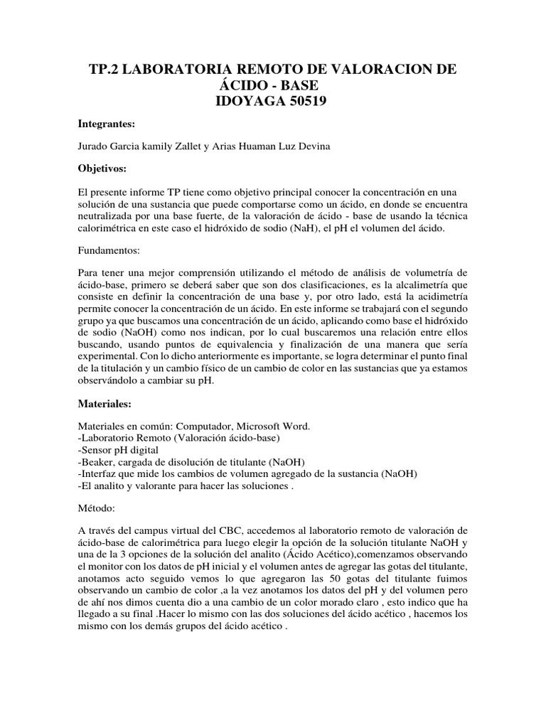 Informe N2 TP QUIMICA IDOYAGA 50519 | PDF | Valoración | Química