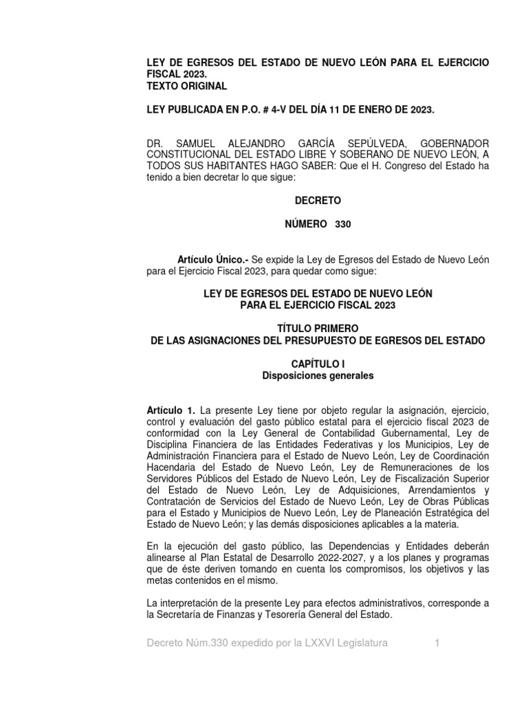 Ley de Egresos Nuevo León 2023 | PDF | Presupuesto | Administración Pública