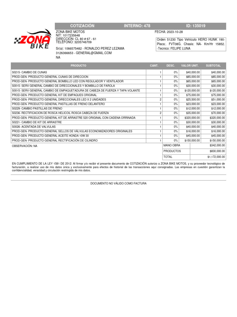 Cotizacion - 135019 | PDF | Tecnología de vehículos | Bienes manufacturados