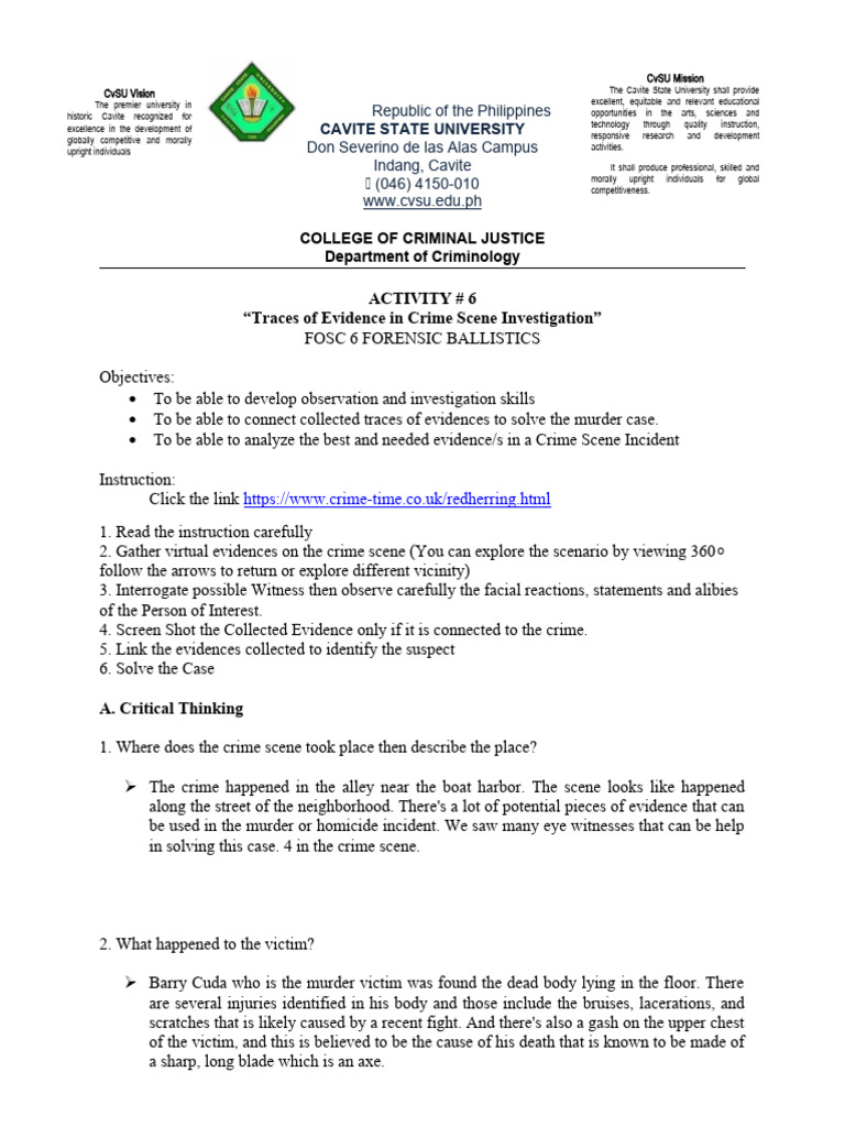 ACTIVITY 6 WORK SHEET Traces of Evidence in Crime Scene Investigation 2 ...