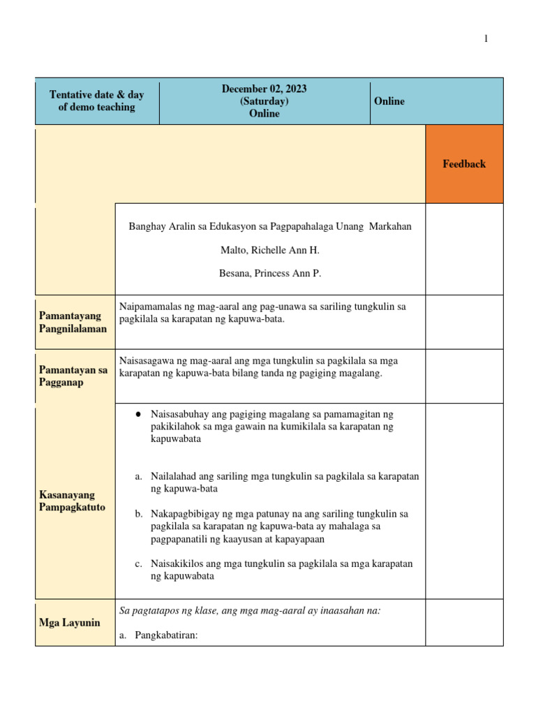Besana & Malto - 1st Draft - Lesson Plan | PDF