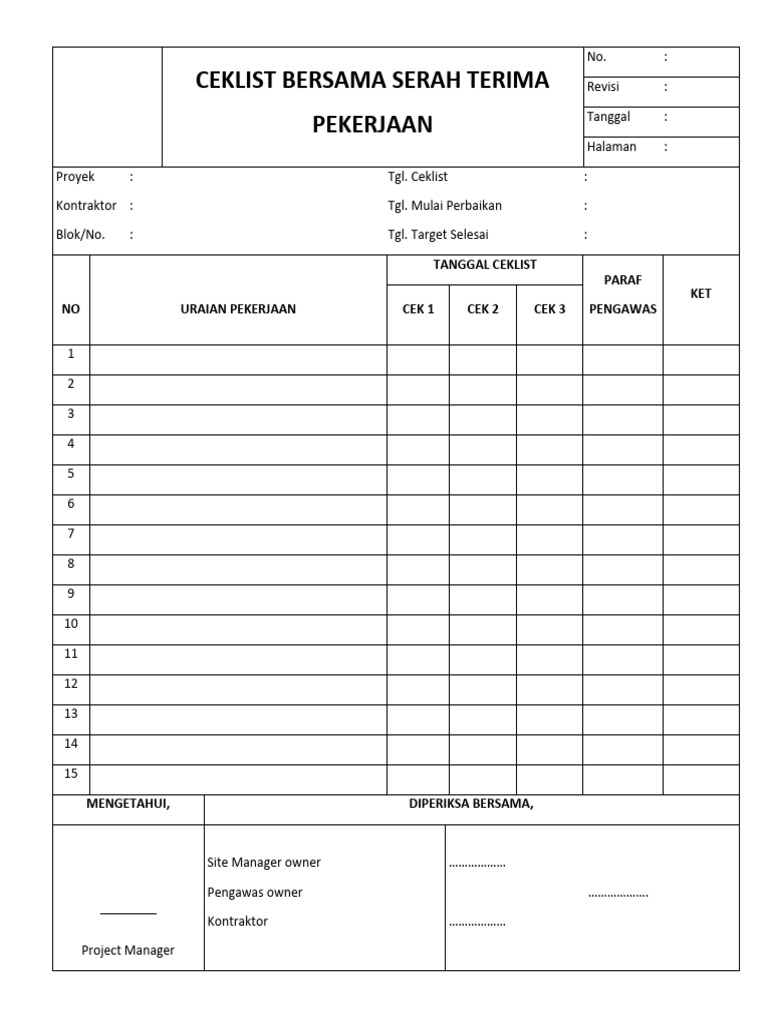 Checklist Serah Terima Pekerjaan Proyek | PDF