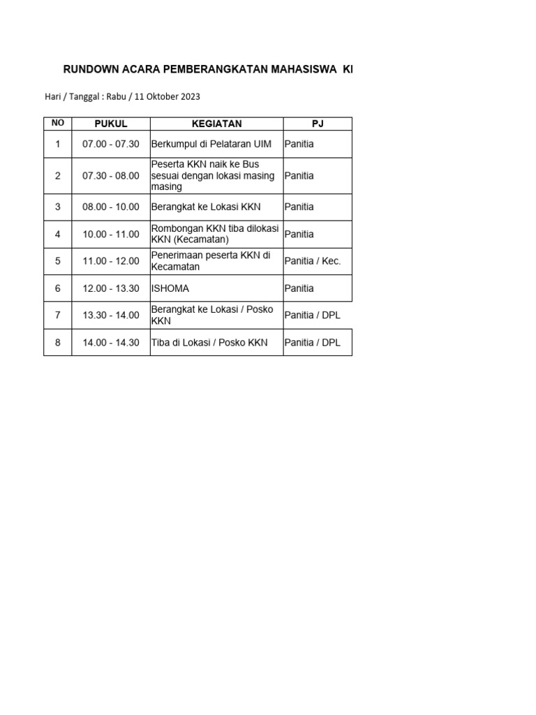 Jadwal Keberangkatan KKN 2023/2024 | PDF
