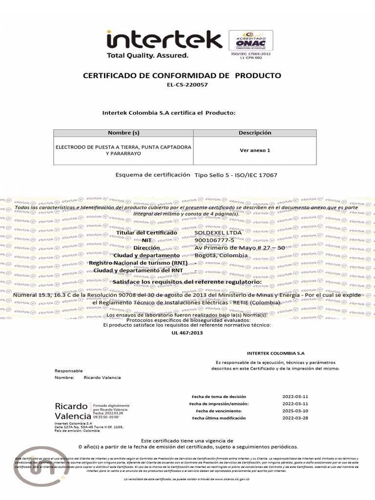 Certificado EL-CS-220057 - PARARRAYOS, PUNTAS Y VARILLAS | PDF | Colombia