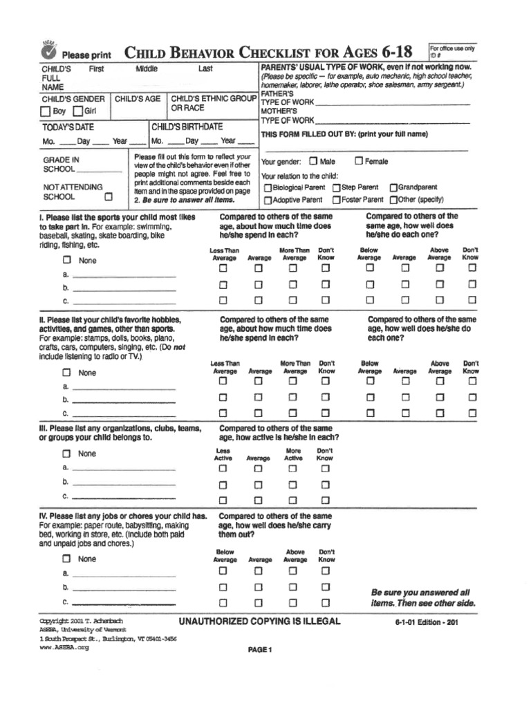 Child Behavior Checklist For Ages 6 18 | PDF
