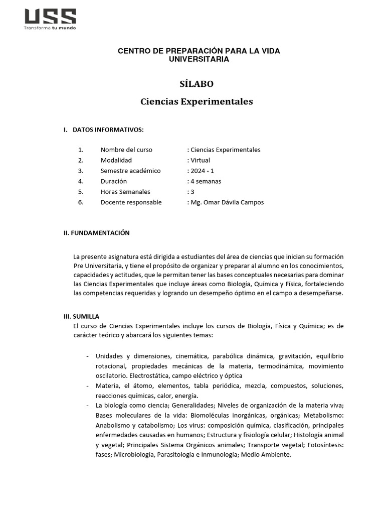Sílabo de Ciencias Experimentales 2024 | PDF | Enseñando | Importar