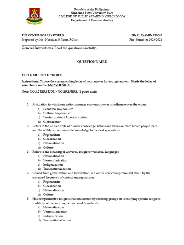 The Contemporary World Questionnaire Final Examination Prepared by ...