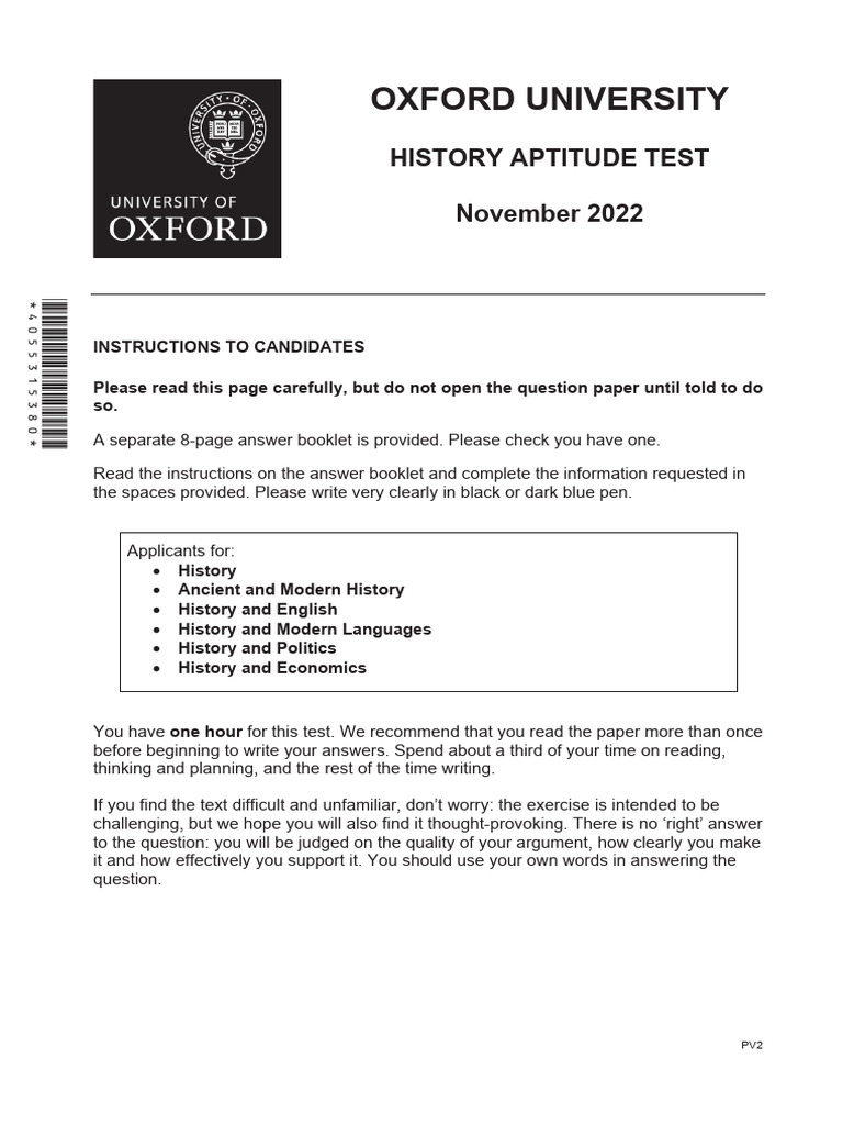 Oxford University History Entrance Exam | PDF