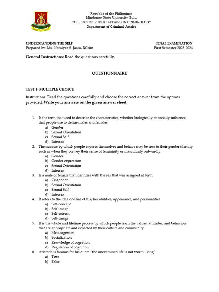 Ust Exam Final Examination | PDF | Id | Gender Studies