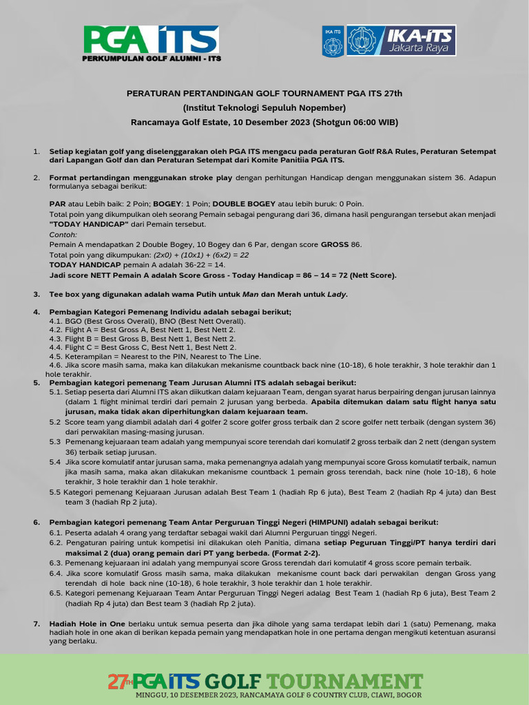 Peraturan Turnamen Golf PGA ITS 2023 | PDF | Olahraga & Rekreasi