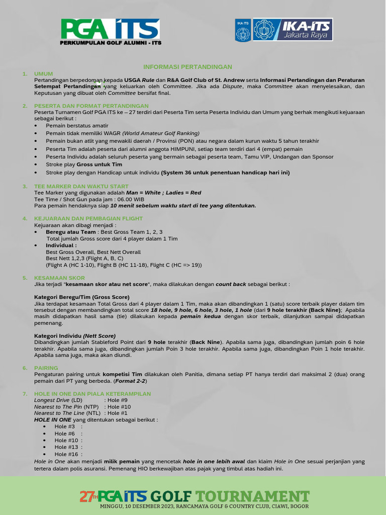Aturan Pertandingan Golf Alumni ITS 2023 | PDF