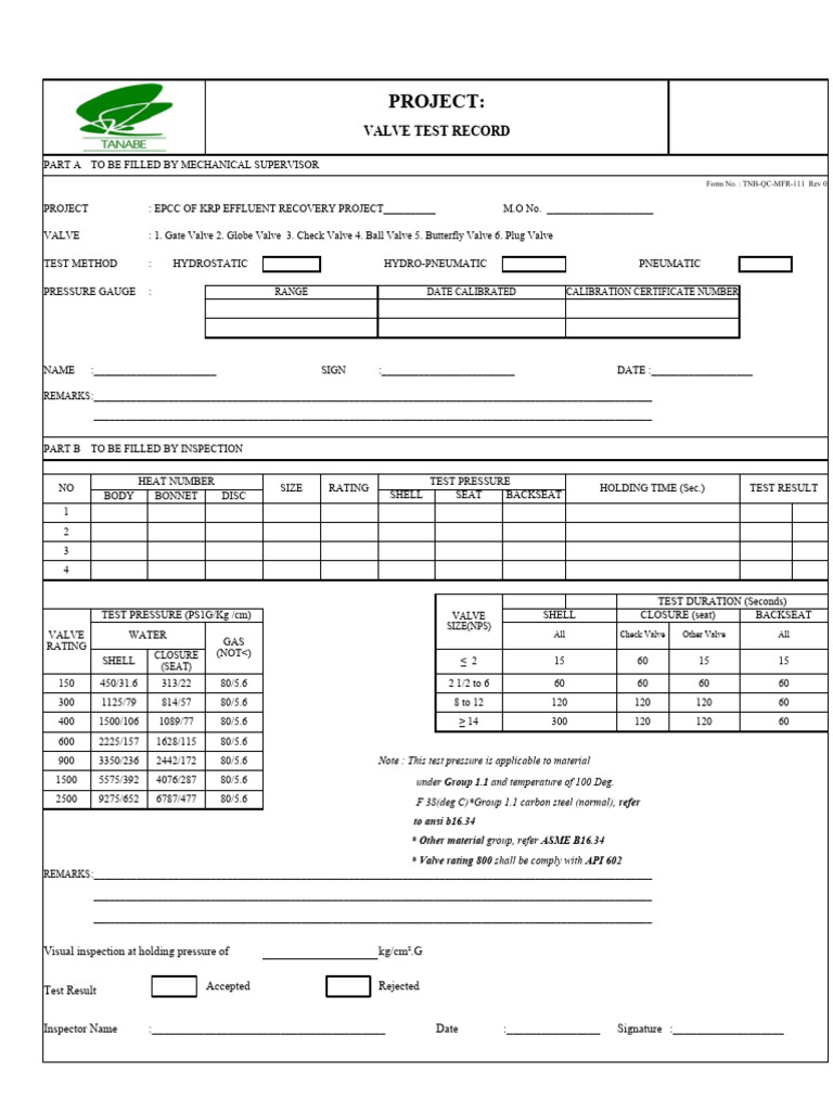 MFR-111 - Valve Test Record 01 | PDF | Valve | Gases