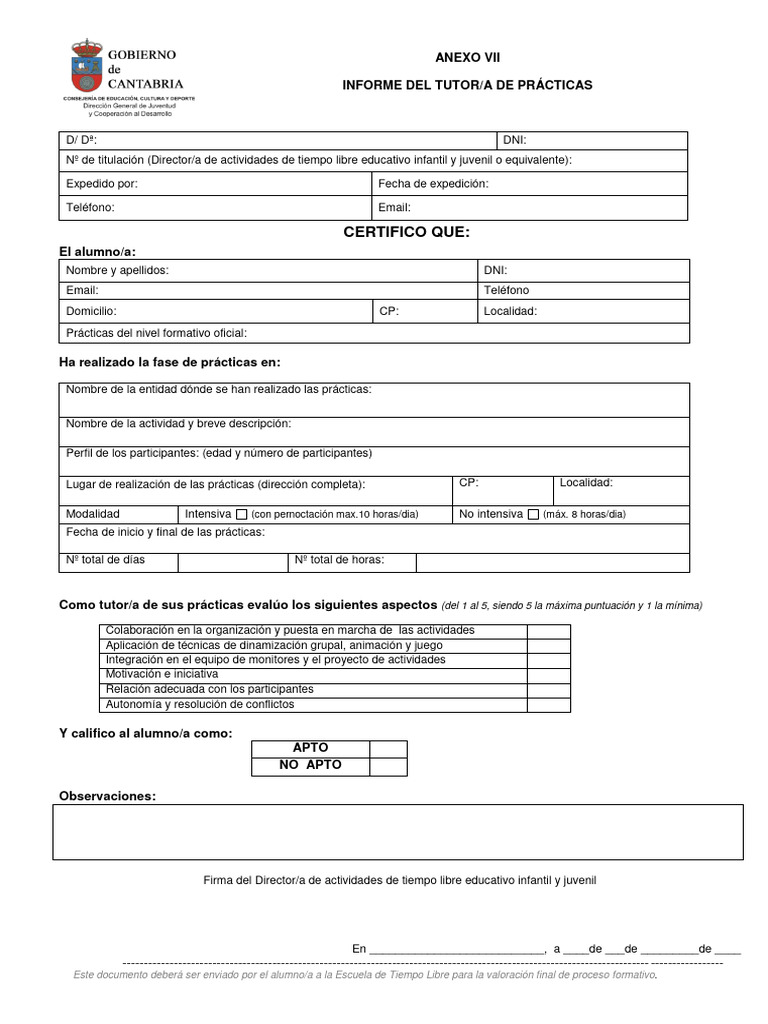 Anexo VII Informe del tutor de prácticas | PDF