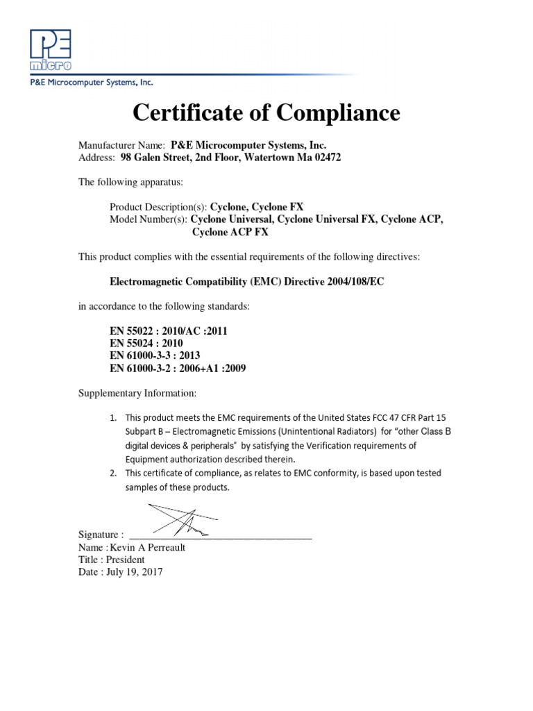 PEmicro Certificate of Compliance CYCLONE | PDF