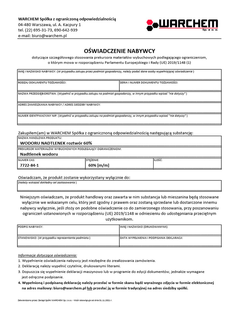 Deklaracja Wodoru Nadtlenek 60 | PDF
