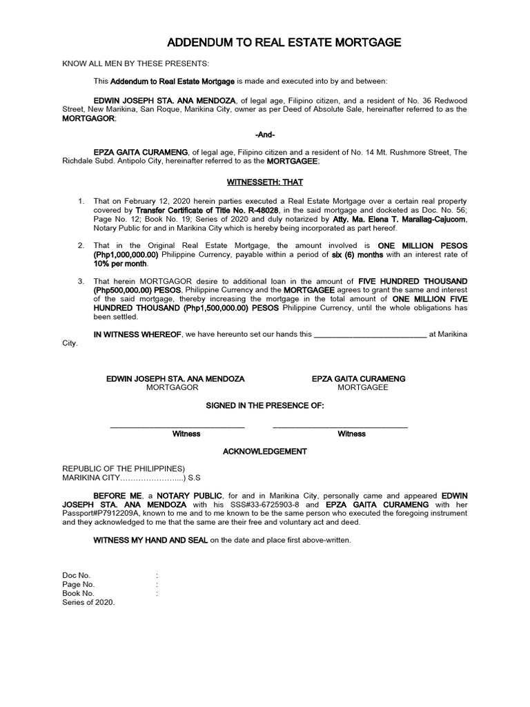 Real Estate Mortgage Addendum Details | PDF | Mortgage Law | Real ...