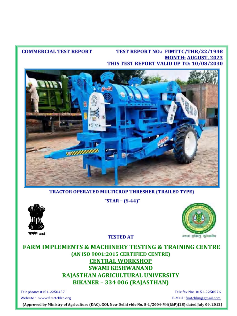 Commercial Test Report: S-44 Thresher | PDF | Belt (Mechanical) | Tractor