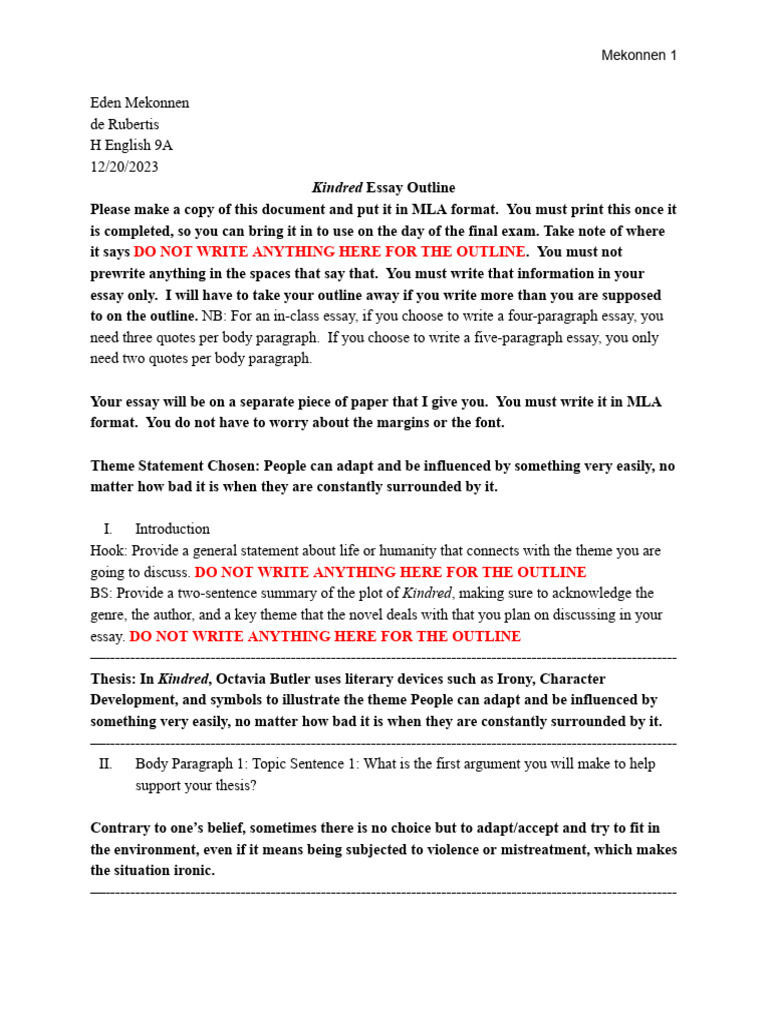 Kindred Essay Guide for Students | PDF | Essays | Citation