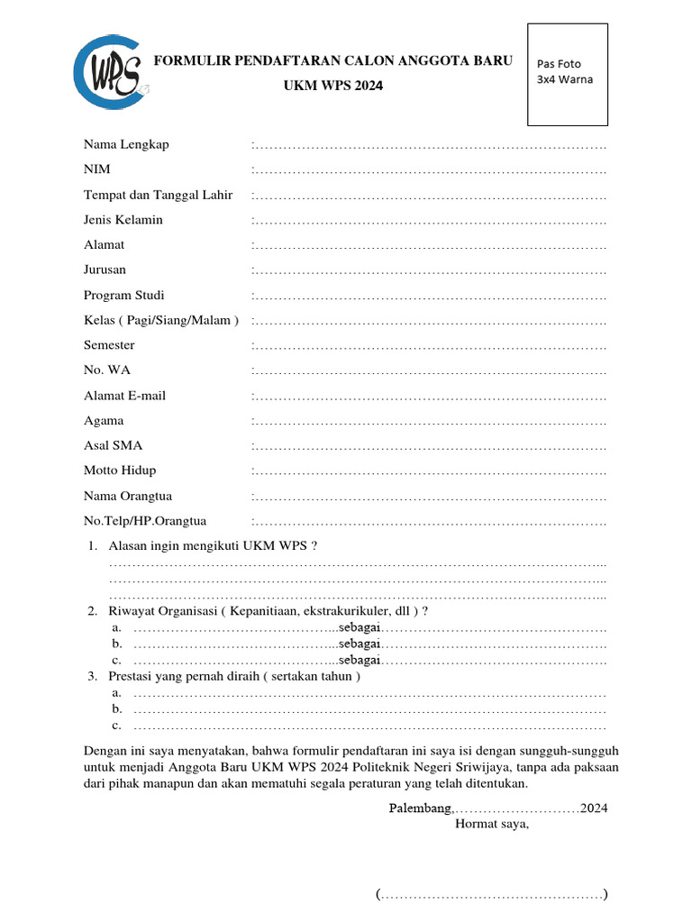 Formulir Pendaftaran Calon Anggota Baru Ukm WPS | PDF