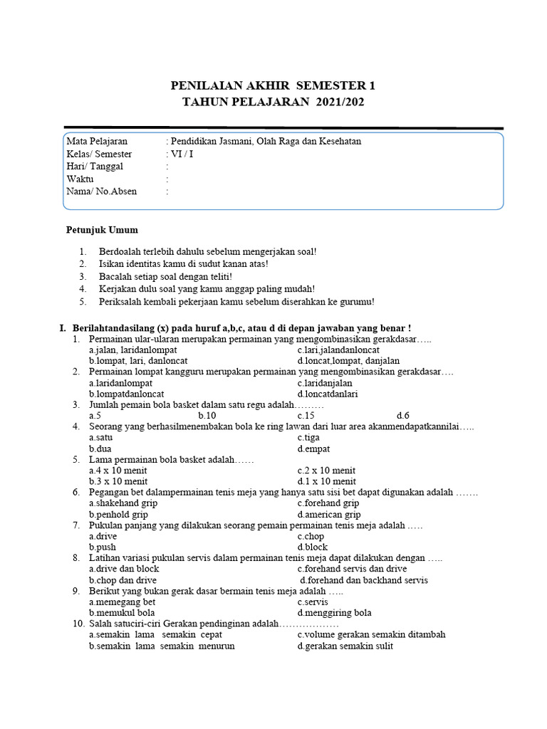 Soal PAS PJOK Kelas 6 | PDF