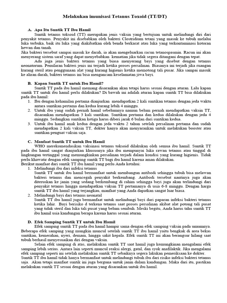 Melakukan Imunisasi Tetanus Toxoid - TT | PDF