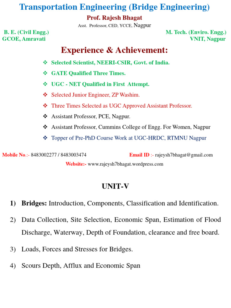 Experience & Achievement:: Prof. Rajesh Bhagat | PDF | Bridge | Concrete