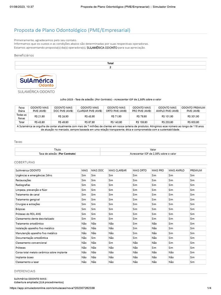 Proposta de Plano Odontológico (PME - Empresarial) - Simulador Online | PDF | Ciências da Saúde ...