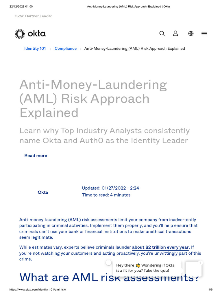 Anti-Money-Laundering (AML) Risk Approach Explained - Okta | PDF | Money Laundering | Risk