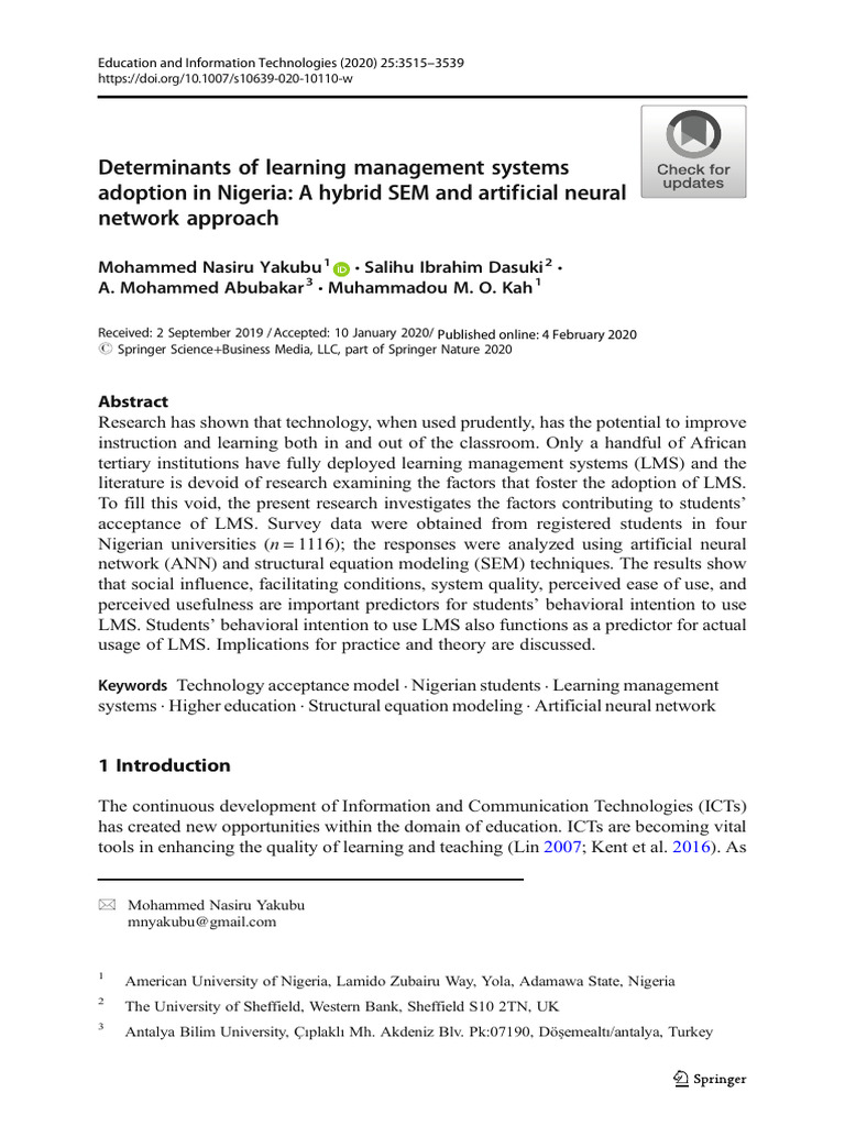 Determinants of Learning Management Systems Adoption in Nigeria: A Hybrid SEM and Artificial ...