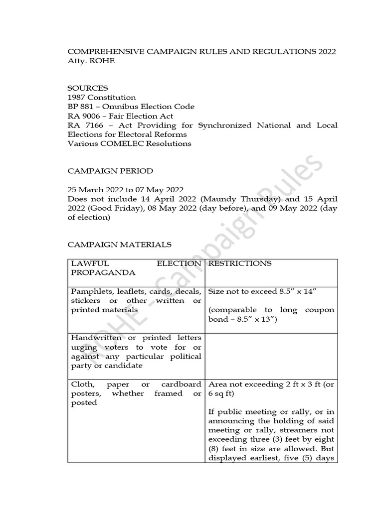 2022 Election Campaign Rules Summary | PDF | Mass Media | Elections